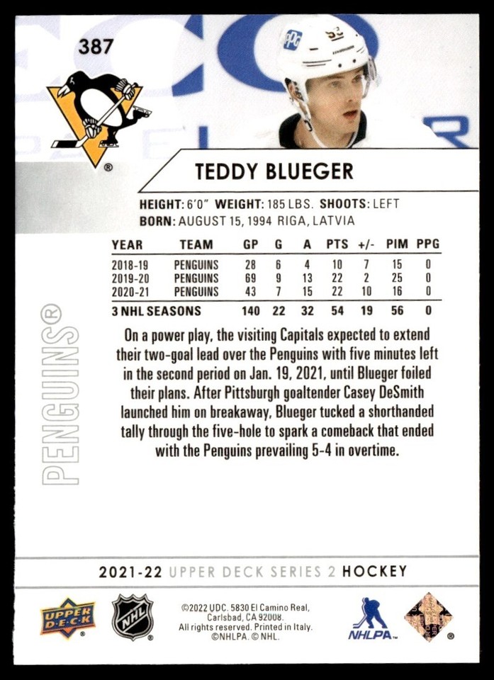 2021-22 Upper Deck Teddy Blueger #387 | eBay