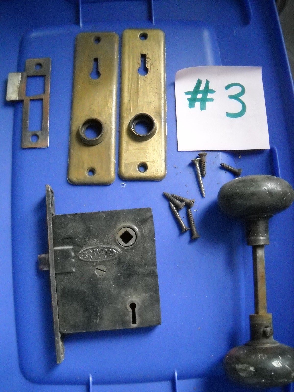 Pre 1876 cast iron horizontal rim lock set with white porcelain door ...