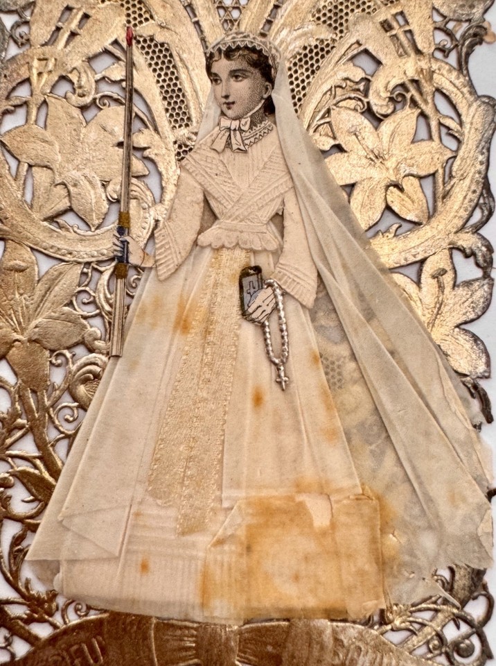Antique HOLY CARD Vintage Canivet Lace embossed 1st communion girl ...