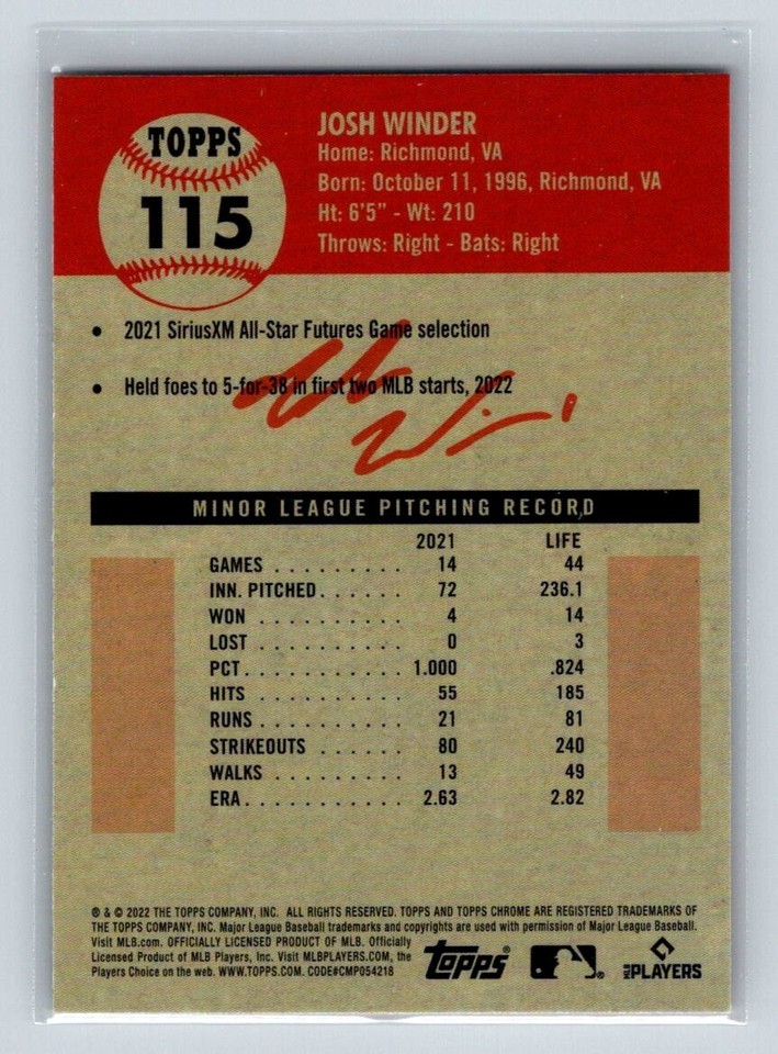 2022 Topps Chrome Platinum Prism Rookie Card RC #115 Josh Winder ...