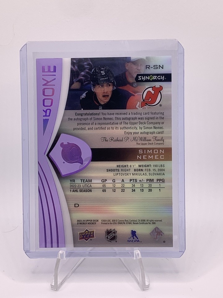 2023-24 UPPER DECK SYNERGY PURPLE AUTOGRAPH ROOKIE SIMON NEMEC /99 #R ...