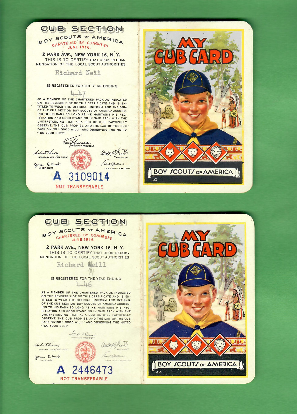 1946 MY CUB CARD - BOY SCOUTS OF AMERICA - MEMBERSHIP CARD - LOT OF 2 W ...