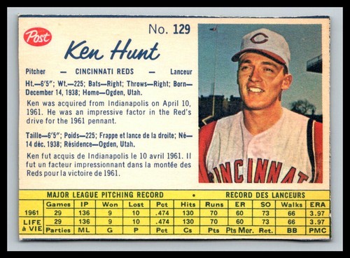 1962 POST CEREAL CANADIAN BASEBALL # 129 KEN HUNT 21354 | eBay