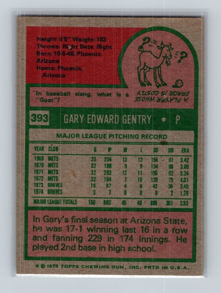 1975 Topps #393 Gary Gentry Atlanta Braves Baseball Card | eBay