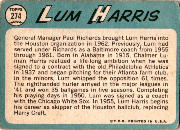 1965 Topps #274 Lum Harris B1a | eBay