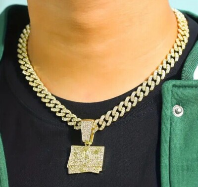 $100 Money Bill Pendant 13mm 16" ~ 24" Iced Cubic Zirconia Cuban Chain ...