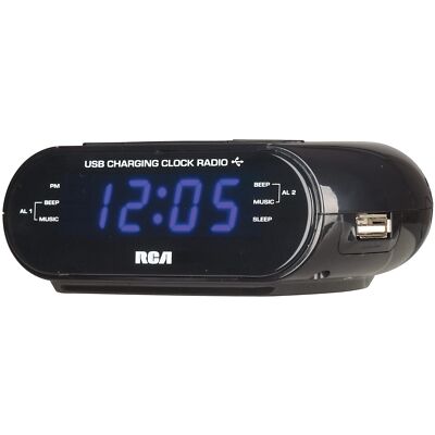 RCA USB Charging Clock Radio, .6” Blue LED Display, Brightness Display ...