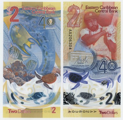 East Caribbean 2 Dollars 2023 P 61 UNC Uncirculated Banknote 40th Ann ...