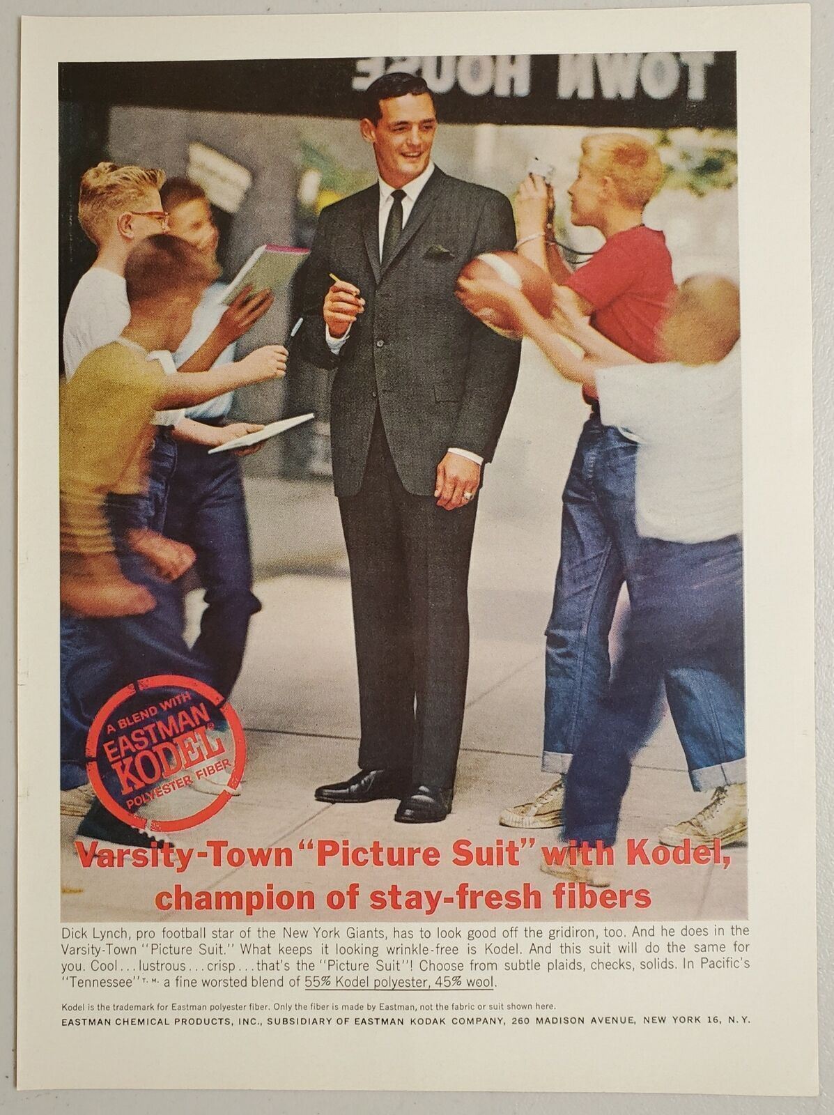 1961 Print Ad Kodel Polyester Blend Suit Dick Lynch NY Giants Football ...