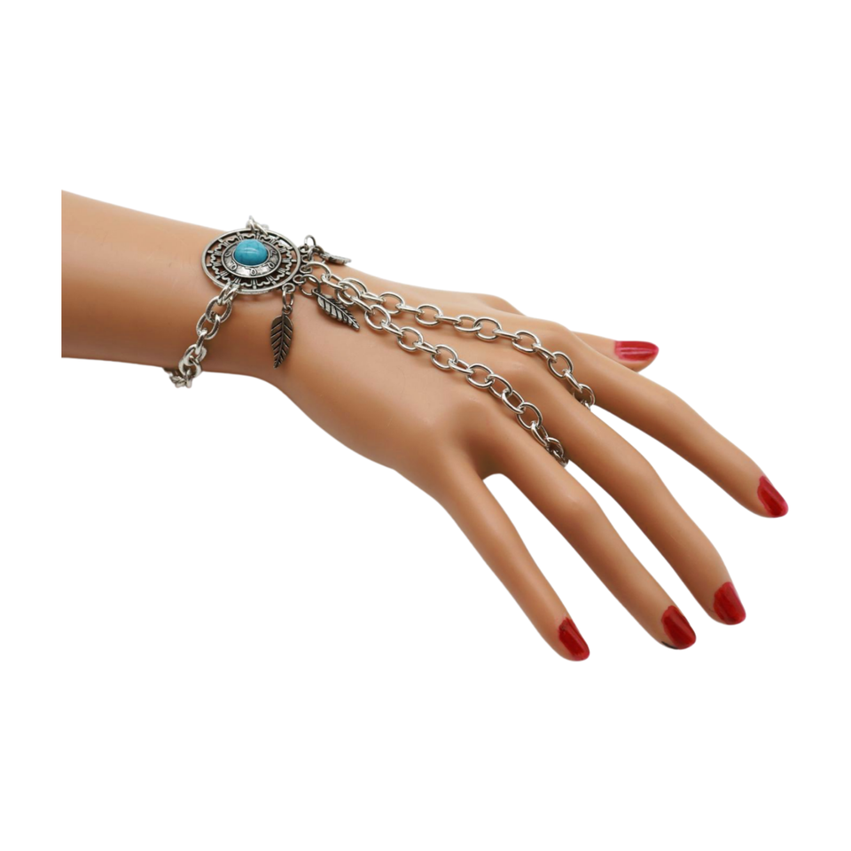 Women Silver Metal Hand Chain Bracelet Connected Ring Turquoise ...