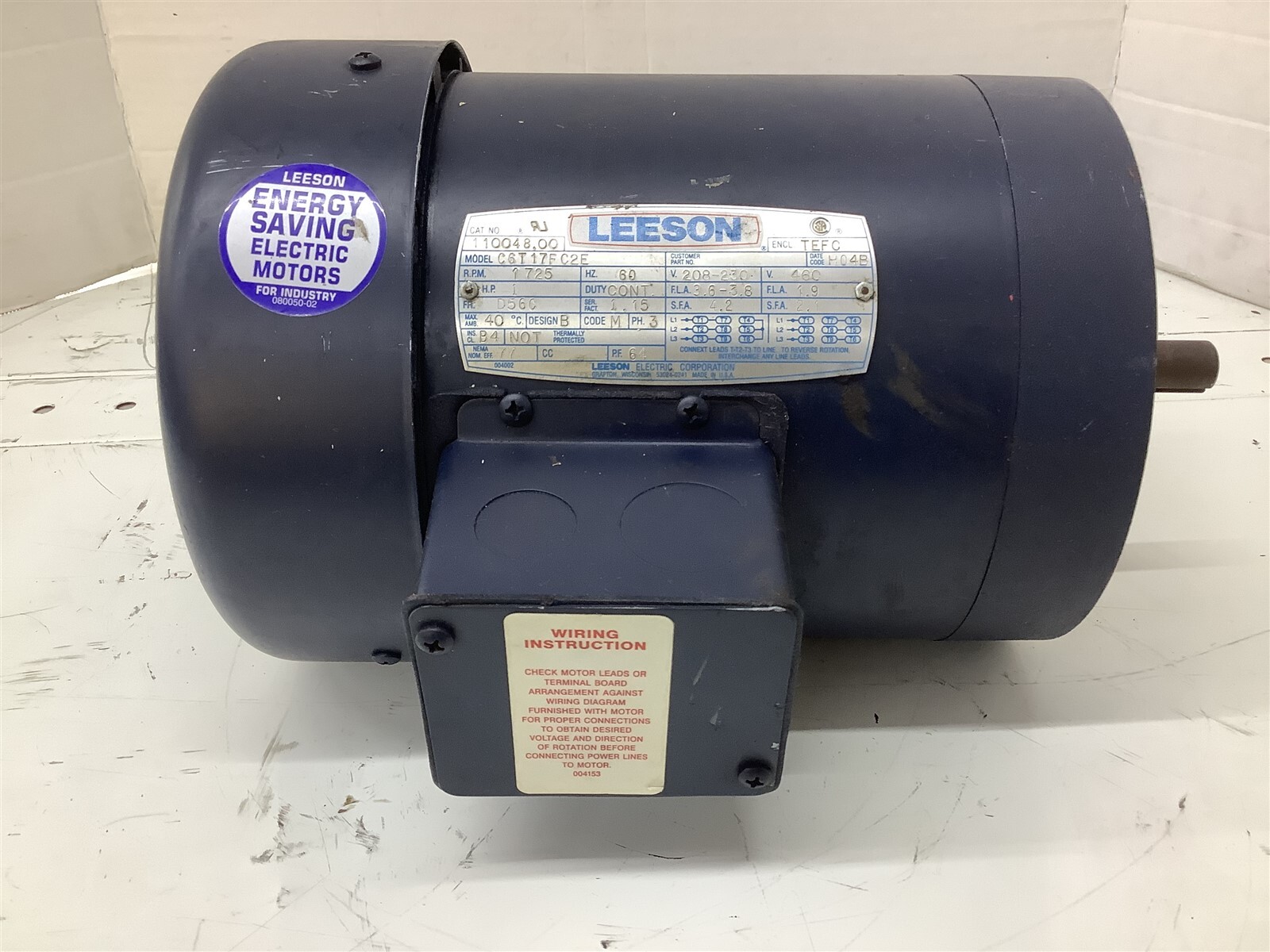 Leeson C6T17FC2E Motor 1HP 208-230V 1725RPM D56CFR 3PH 60HZ TEFC | eBay