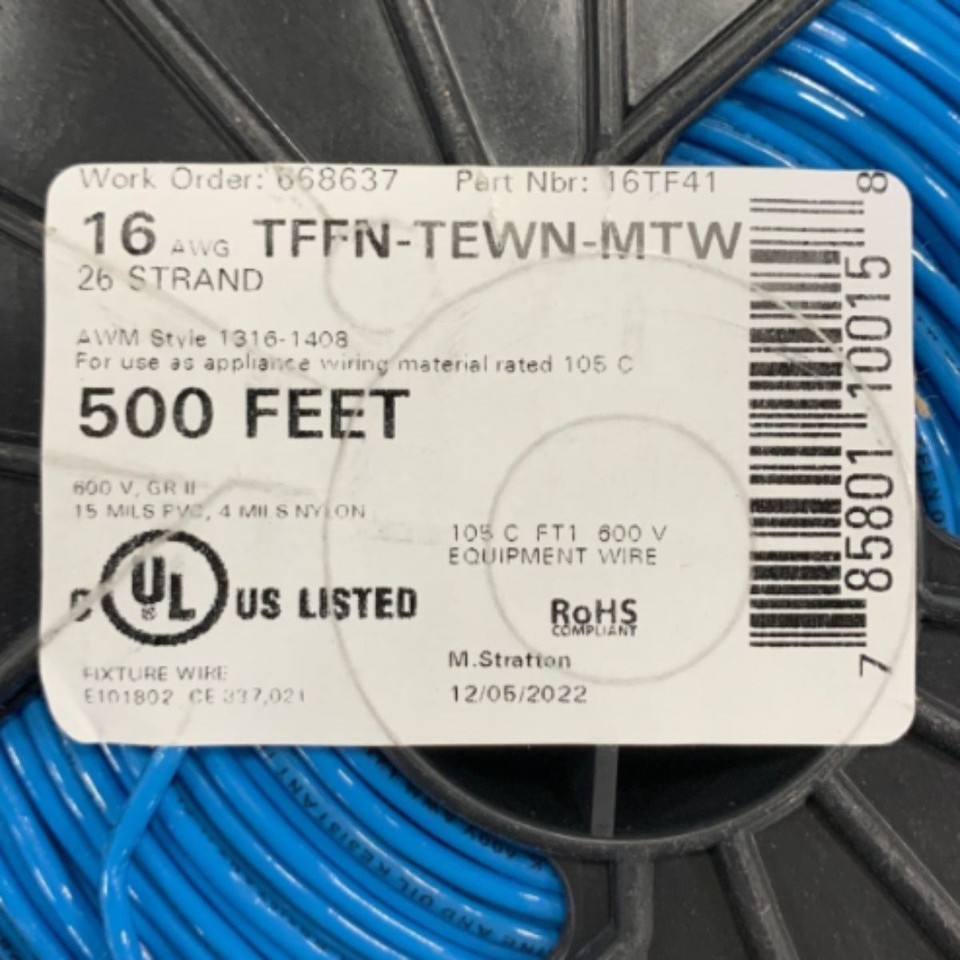 COLEMAN 16TF41 TFFN Hookup Wire, 500' Spool, 16 AWG, STR, Blue | eBay