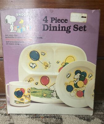 Peanuts Snoopy Dining Set 4 Pc Plate Cup 2 Bowls Woodstock Melamine ...