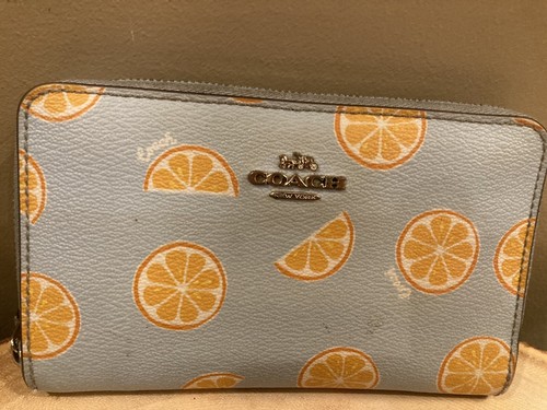 Coach Medium Zip Around Wallet Orange Slice Print Leather Blue Orange ...