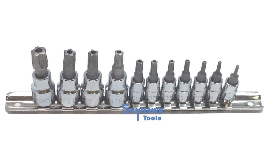 11-Pc 5 Point Star TORX Sockets Tamper Proof Security Bits 1/4" DR & 3/ ...