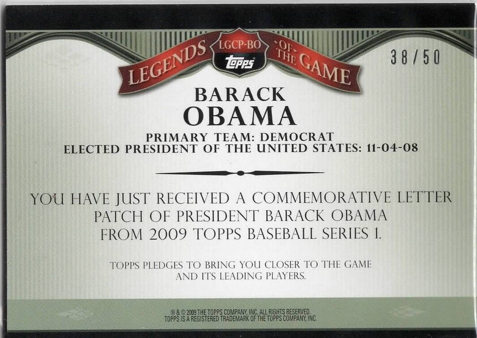 2009 Topps Legends of the Game Nickname Letter Patch #BO Barack Obama ...