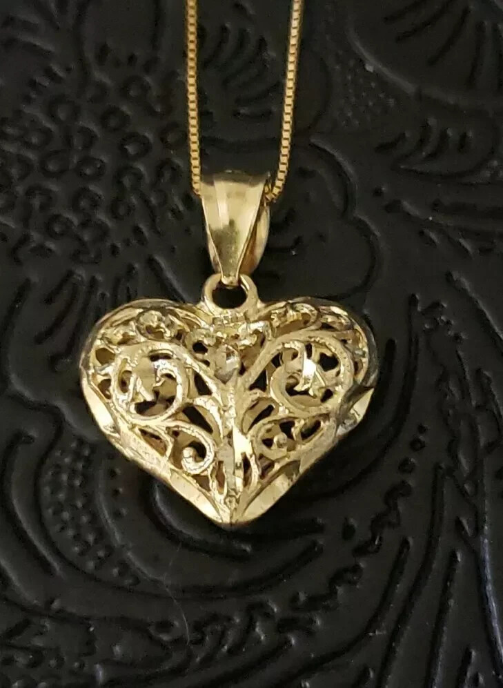 10k Gold Diamond Cut Filigree Heart Pendant Necklace - Gem