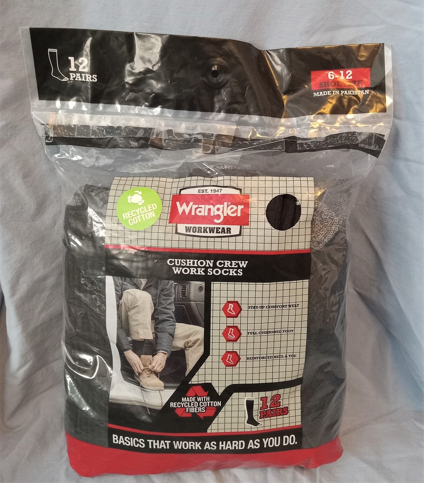 Wrangler Workwear Cushion Crew Work Socks 12 Pair Black Shoe Size 6-12 ...