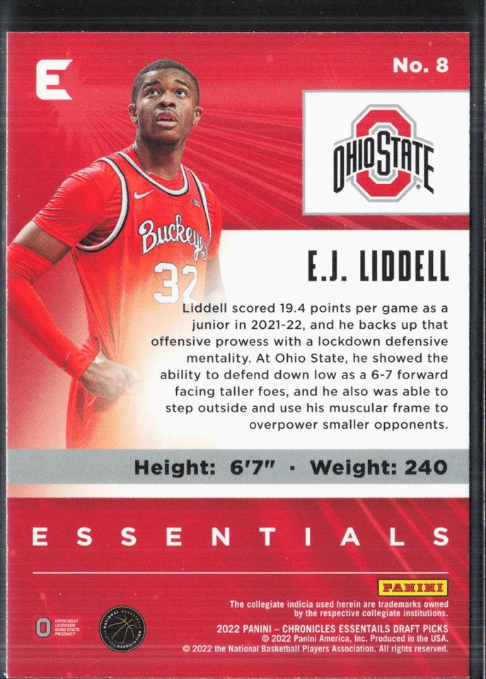 2022 Panini Chronicles Draft Picks #8 E.J. Liddell Essentials Rookie ...