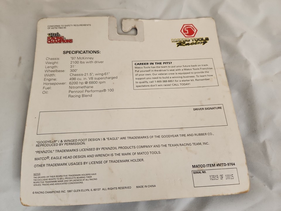 Matco Tools Racing 1997 Limited Edition 1/64th Scale Eddie Hill ...