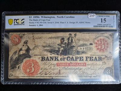 $3- 1850s WILMINGOTN, NORTH CAROLINA- BANK OF CAPE FEAR- PCGS CHOICE ...