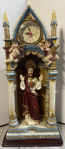 GORGEOUS NUNS CONVENT SACRED HEART JESUS W/ ANGELS STATUE W/ CLOCK 14. ...