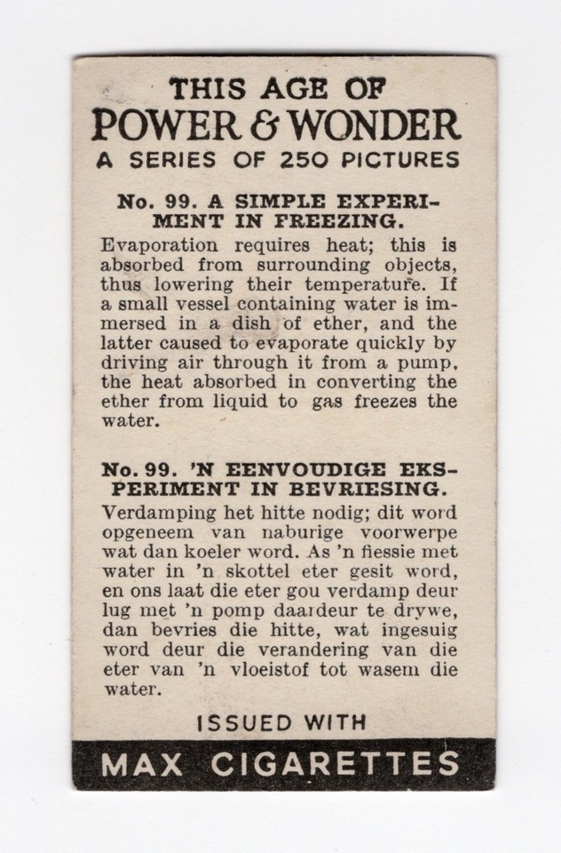Power & Wonder cigarette card 1935 #099 A simple experiment in freezing ...