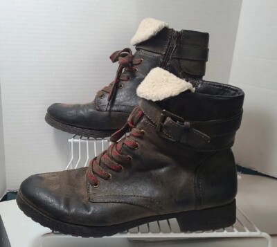 RUFF HEWN Brown Ankle Boots Distressed Faux Leather Faux Fur Lining | eBay