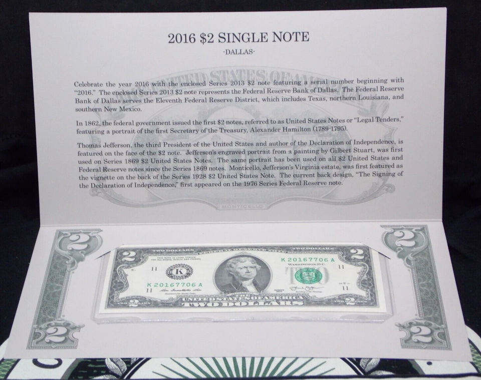 2016 $2 Single Note *DALLAS* Currency FRN Note BEP Department of ...