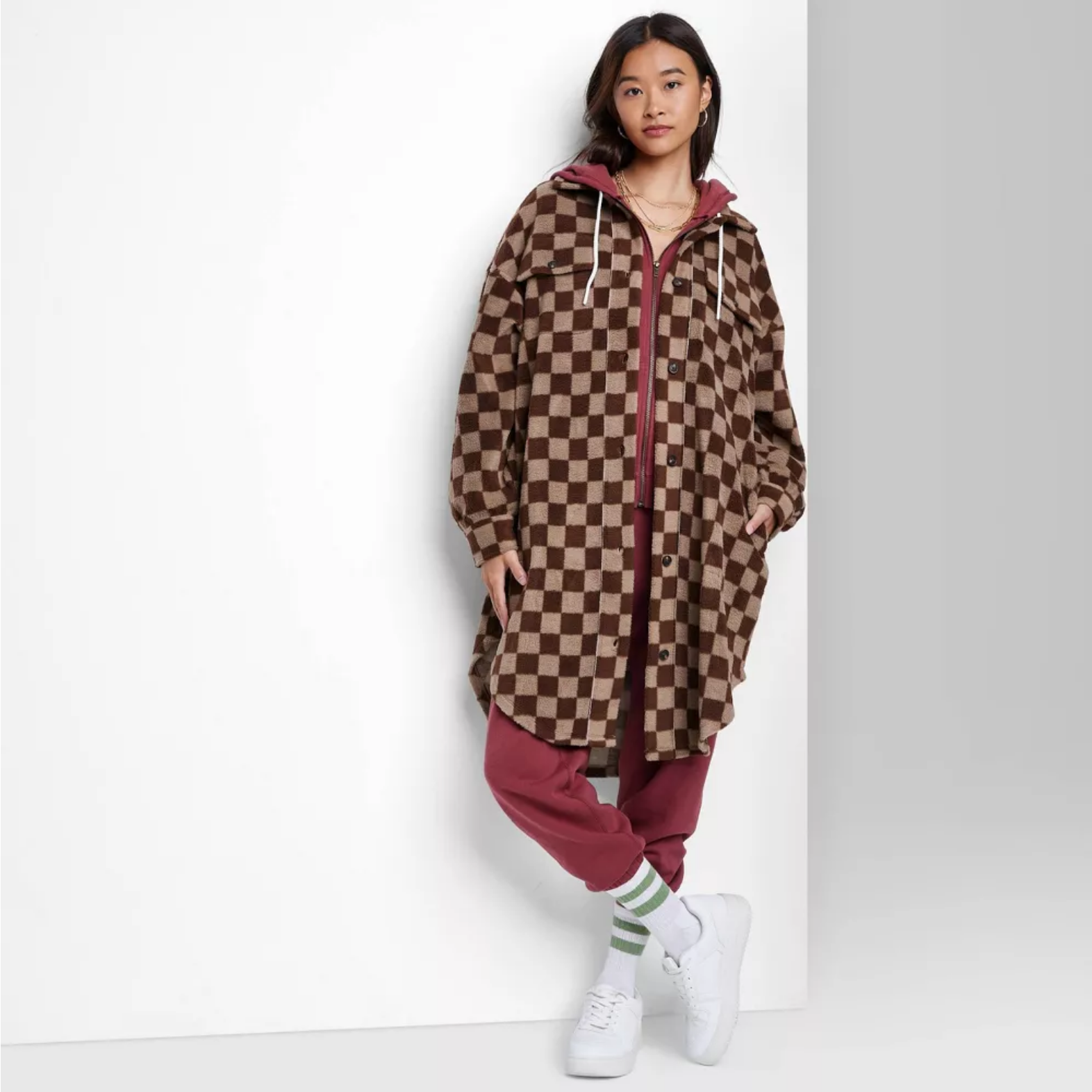 Ascot + Hart Checkered Fleece Graphic Shacket - Brown Check NWT | eBay