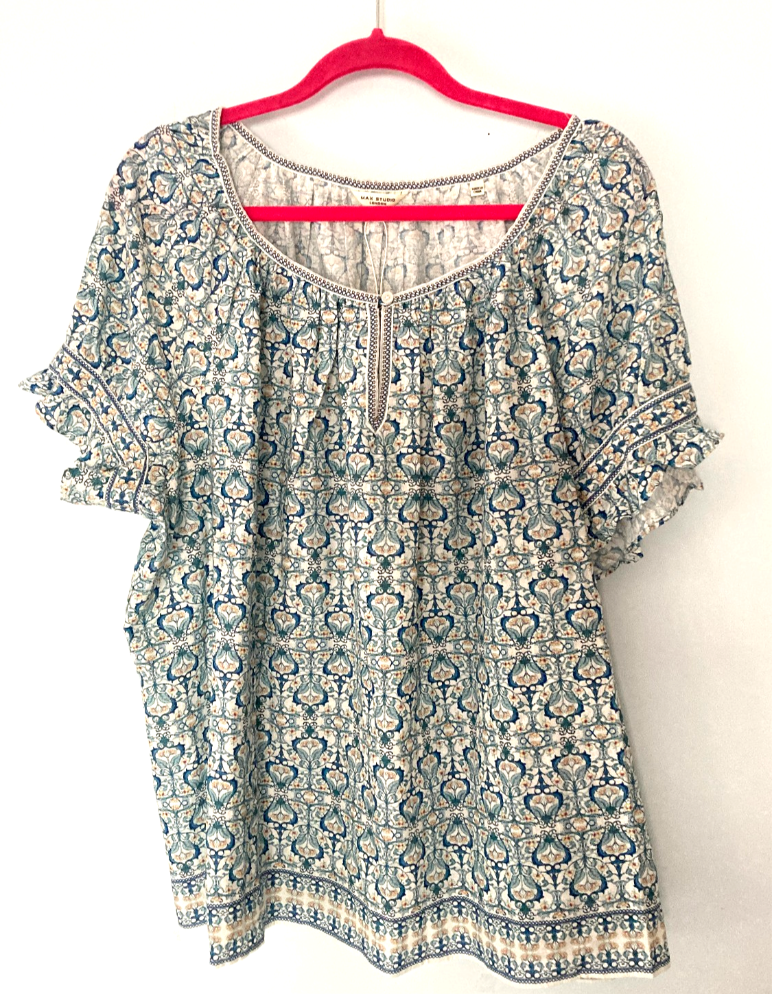NWT MAX STUDIO Floral Border Print Short Ruffle Sleeve Shirt Sz 2X ...