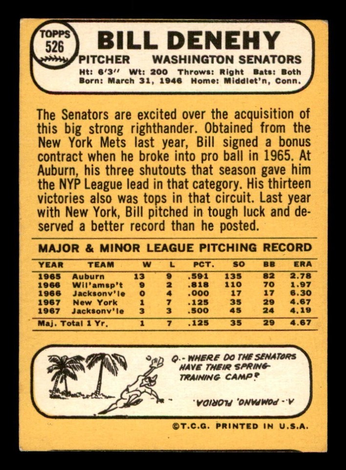1968 Topps Baseball #526 Bill Denehy VG/EX *e2 | eBay