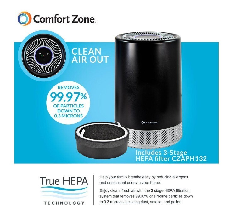 Comfort Zone® Clean HEPA Air Purifier with WiFi App Control CZAP101SBK ...