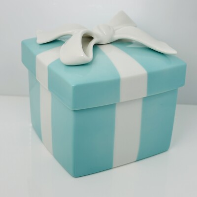4.3" Large Tiffany Porcelain Blue Trinket Gift Box Ceramic Jewelry ...