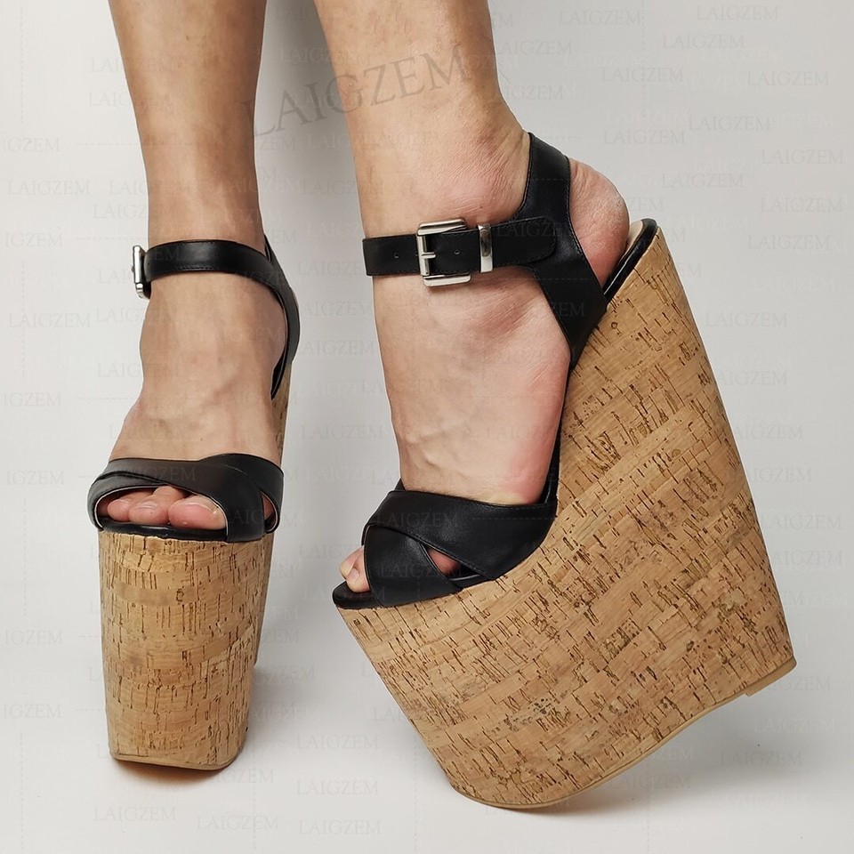 Women Platform Wedges Sandals Faux Leather Extreme High Heels Pumps ...