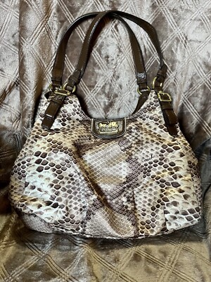 COACH Madison Maggie Tan Snake Print Sateen Fabric Handbag Patent Trim ...
