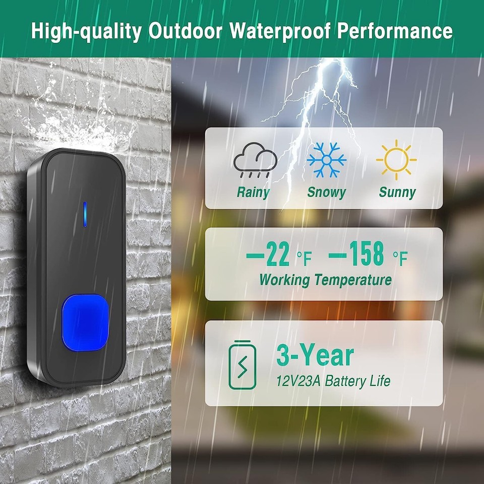 Wireless Doorbell, Waterproof Door Bell Battery Operated at 1,300 Ft ...