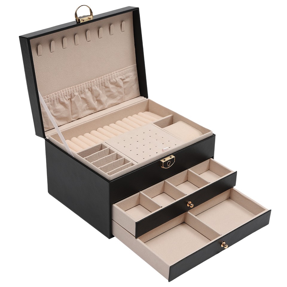 3-Layer Lockable Jewelry Box Organizer with Velveteen Lining | eBay