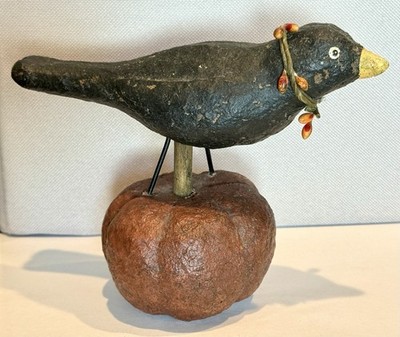 Vintage Primitive Black Raven Crow on Pumpkin~ Folk Art ~Fall Harvest ...