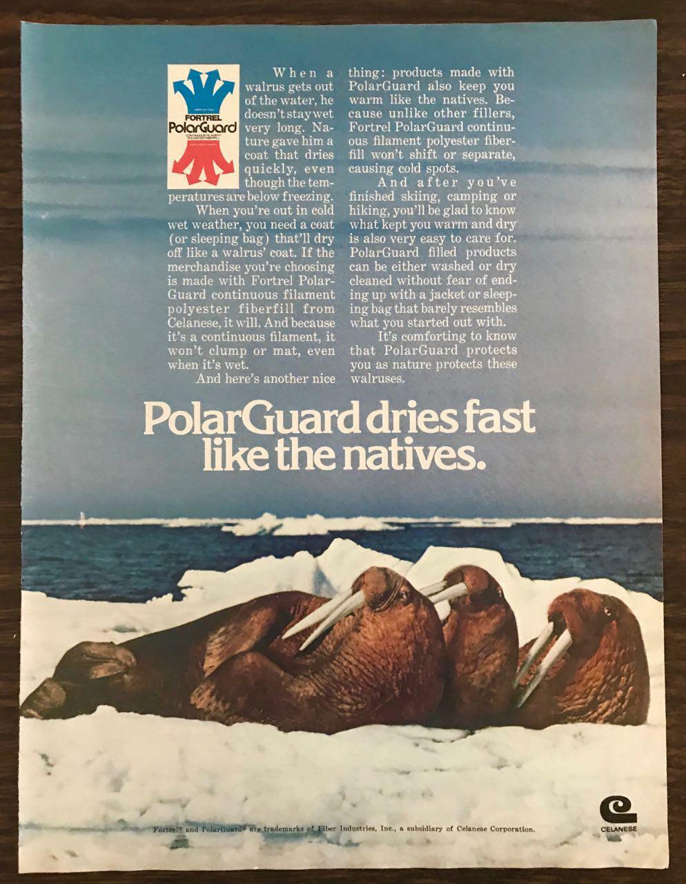 1978 Fortrel PolarGuard Polyester Fiberfill Ad Dries Fast Like Natives ...