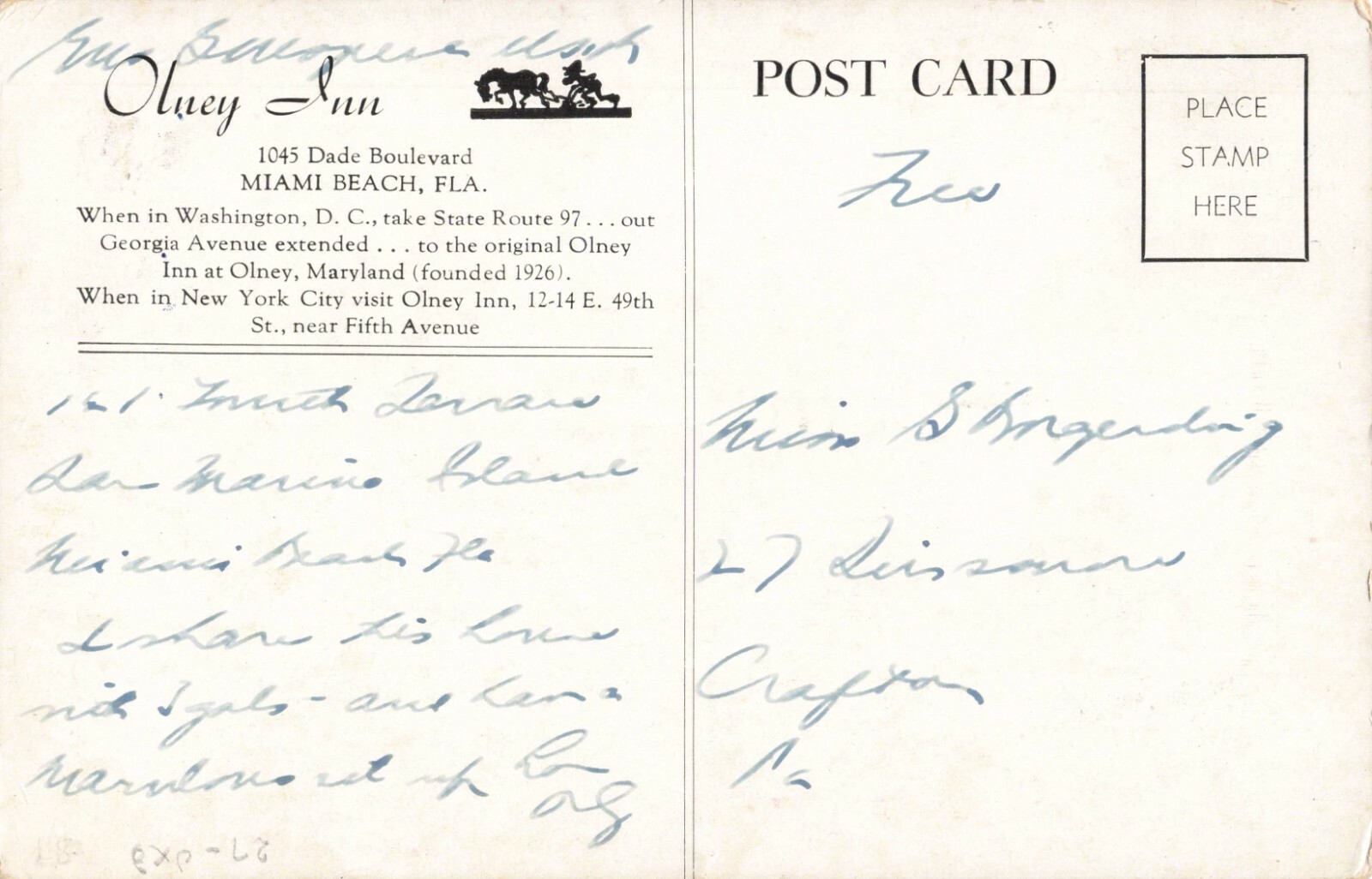 Postcard Olney Inn Miami Beach Florida | eBay