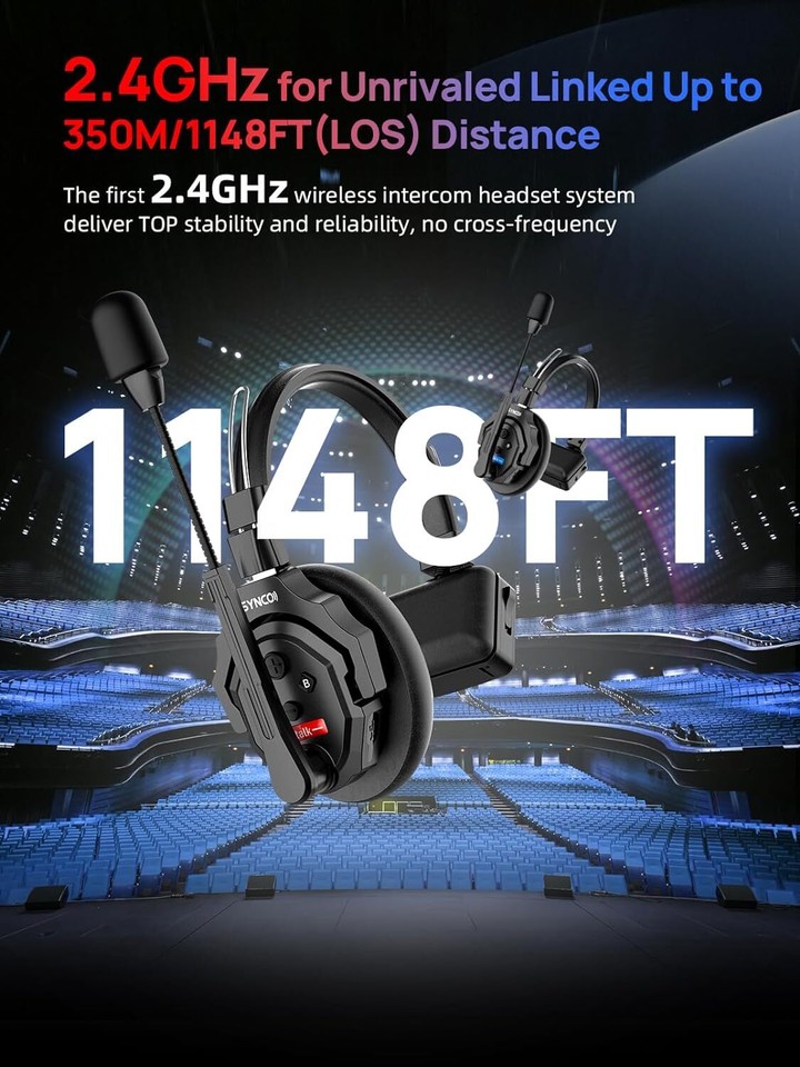 SYNCO XTALK X2 Wireless Intercom Headset System 2.4GHz 350M/1148FT For ...