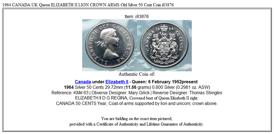 1964 CANADA UK Queen ELIZABETH II LION CROWN ARMS Old Silver 50 Cent ...