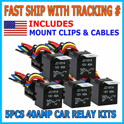 5 PACK 12V 40 Amp 5Pin SPST Automotive Relay with Wires & Harness ...