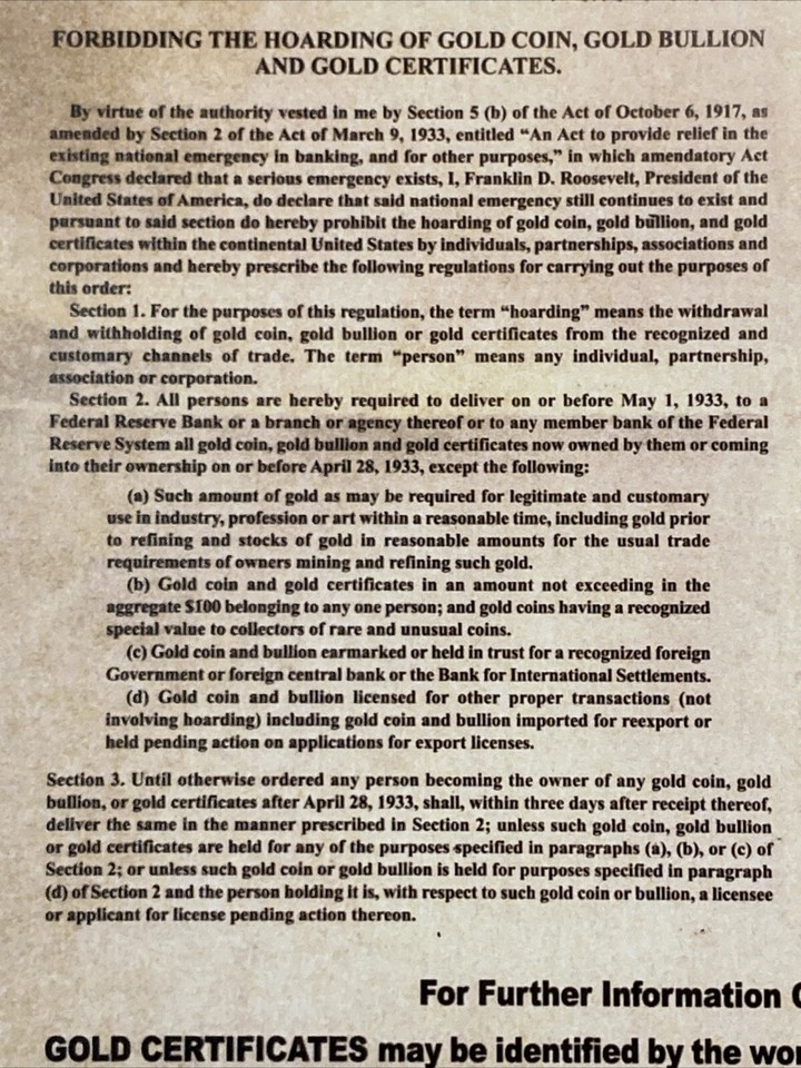 1933 Gold Confiscation Poster FDR Executive Order 6102 - (Enhanced ...