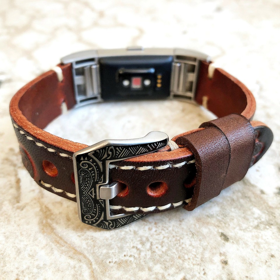 Dark Brown Embossed Handmade Leather Watch Band Strap for Fitbit Charge ...