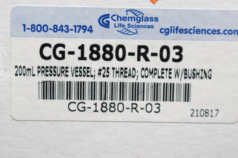 200mL Pressure Vessel Heavy Walled Round Bottom Flask Chemglass CG-1880 ...