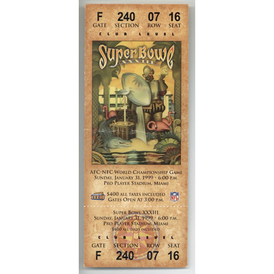 1999 Super Bowl XXXIII 33 Full Club Level Ticket Denver Broncos Atlanta ...