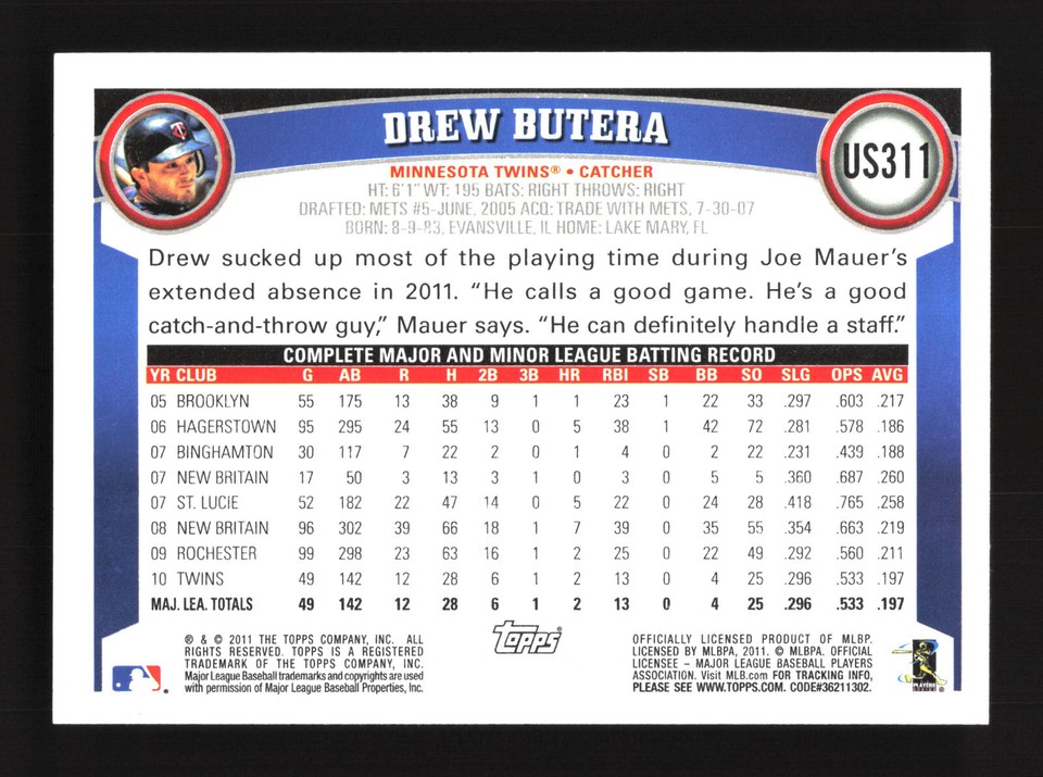 Drew Butera Minnesota Twins 2011 Topps Update #US311 IP Signed ...