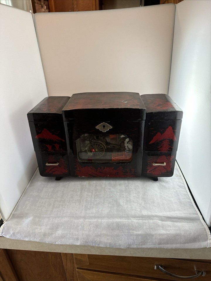 Japanese Black Lacquer Vintage Jewelry Box Rickshaw Toyo Music Box Not ...